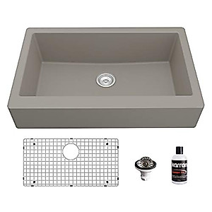 Karran QAR-740 Retrofit Farmhouse/Apron-Front Quartz Composite 34 in. Single Bowl Kitchen Sink Kit in Concrete