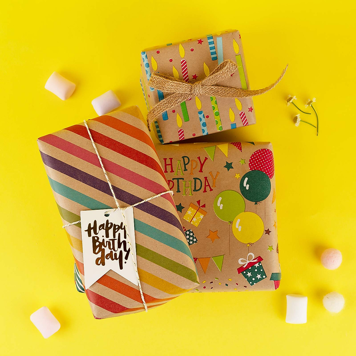 RUSPEPA Wrapping Paper Kraft Paper - Colorful Birthday Wrap Design - 4 Rolls - 30 inches x 10 feet per Roll