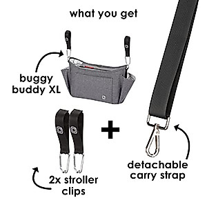 Diono Buggy Buddy XL Universal Stroller Organizer with Cup Holders, Secure Attachment, Zippered Pockets, Safe & Secure, Gray