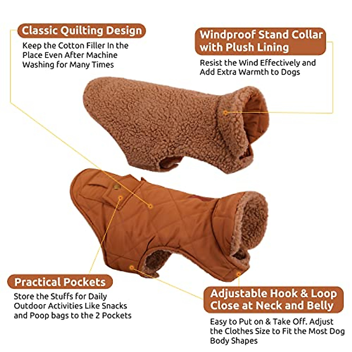 Queenmore Warm Dog Coat, Cold Weather Puffer Dog Coat, Quilting Winter Dog Jacket Ultra Thick Plush Lining with Storage Pockets (Brown, Large)