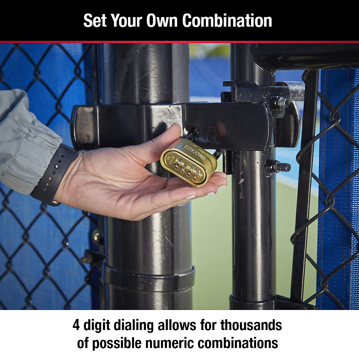 Master Lock Combination Lock, Indoor and Outdoor Padlock, Set Your Own Combination Lock, Extended 2-1/4 in. Lock Shackle with Brass Finish, 175DLH