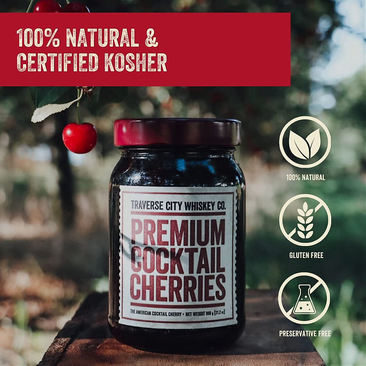 Traverse City Whiskey Co. Premium Cocktail Cherries (21.2oz / 600g) | Cocktails & Desserts | All American, Natural, Certified Kosher, Stemless, Slow-Cooked Garnish for Old Fashioned, Ice Cream Sundaes & More