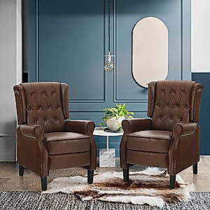 LEISLAND Accent Chair Set of 2 Recliner Wingback Chair, Leather Tufted Arm Chair Sofa for Reading, Living Room and Bedroom(Chestnut)