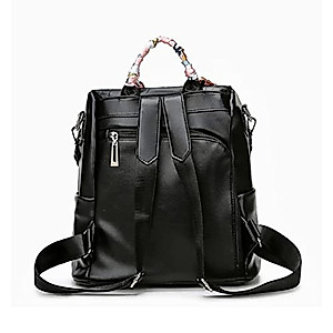 Banoo Fashion Backpack for Women with silk scarves, Leather design convertible backpack tote and anti-theft shoulder bag, Black