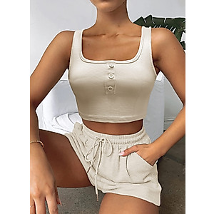 Women’s Pajama Sets Waffle Knit Matching Lounge Set Crop Tank Loose Shorts with Pockets Beige XL