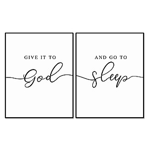 Give it to God and Go to Sleep Set of 2 Prints Bedroom Above Bed Decor Minimalist Typography Farmhouse Home Style Wall Art, 11x14inch Unframed