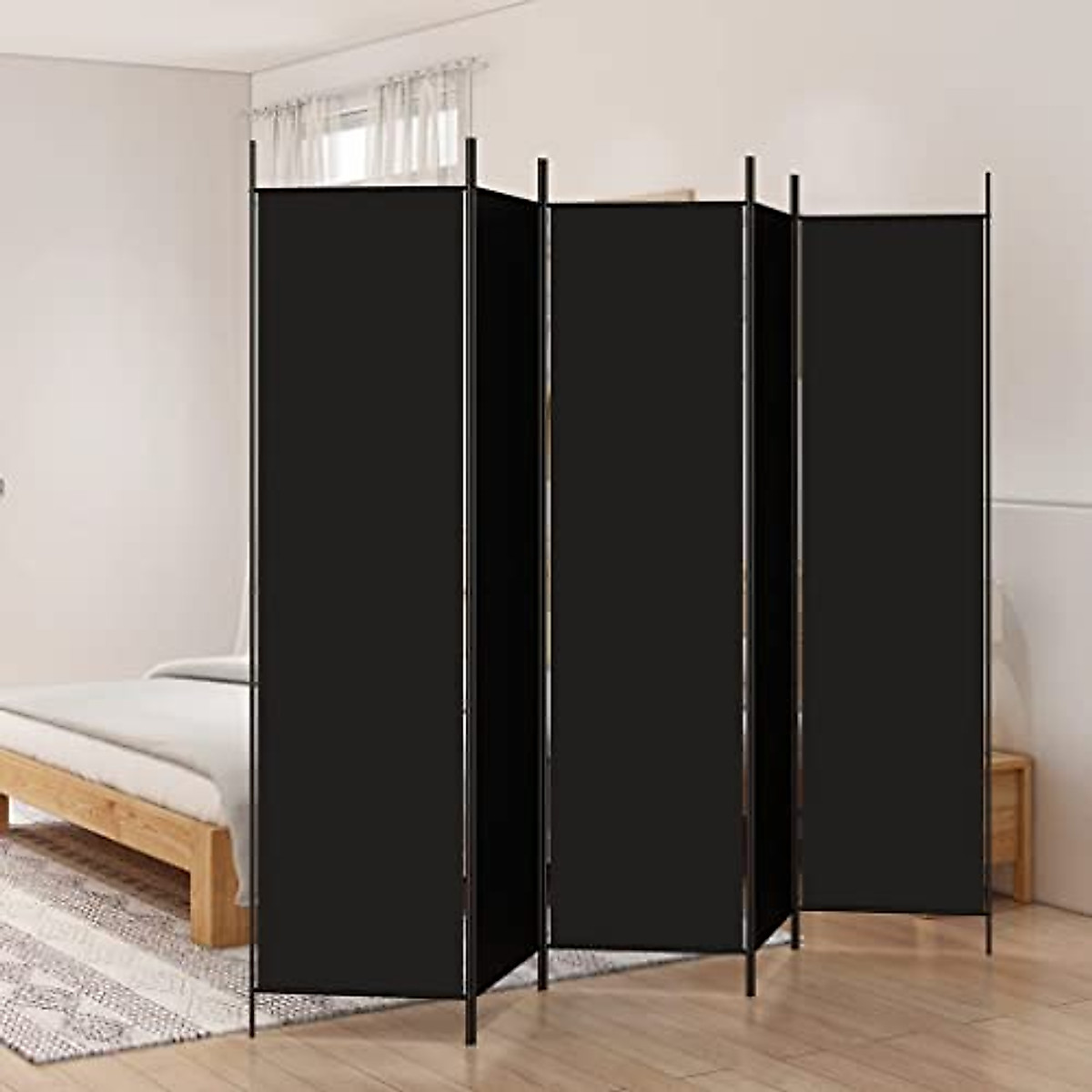 YAFF 5-Panel Folding Partition Privacy Screens, Portable Fabric Room Divider with Iron Frame, Freestanding Privacy Partial for Bedroom Home Office, 98.4" x 78.7"-Black