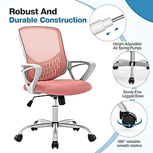 Ergonomic Home Office Chair - Mesh Mid Back Computer Desk Swivel Rolling Task Chair with Lumbar Support, Armrest, Wheels, Sponge Seat Cushions, Pink