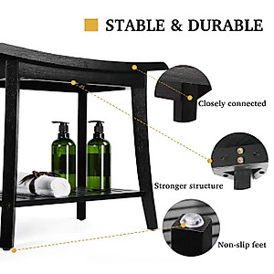 Bamboo Shower Bench Inside Shower Stool with Storage Shelf, Spa Bath Chair for Bathroom, Seat or Organizer for Living Room, Bedroom and Garden - Great for All Ages Unisex Elderly (Waterproof, Black)