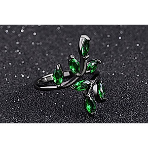 Huanhuan Jewelry Black Gold Plated Ring Marquise Cut Seven Green Cubic Zirconia Adjustable Leaf Design For Womens Girls Bridal Wedding Band Ring Unique Anniversary Gift Size 10