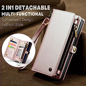 CASEME for iPhone 13 Pro Max Case Wallet Case Cover for Women Men Girls Durable 2 in 1 Detachable Premium Leather with 8 Card Holder Slots Magnetic Zipper Pouch Flip Lanyard Strap Wristlet - Rose Gold
