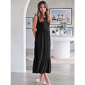 ANRABESS Women's Casual Summer Sleeveless Ruffle Sundress Round Neck A-Line Pleated Maxi Dress with Pockets 499heise-XXL Black