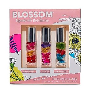 Blossom Scented Roll on Lip Gloss, Infused with Real Flowers, Made in USA, 0.3 fl. oz./9ml, 3 pack Mini Gift Set, Strawberry, Watermelon, Mango