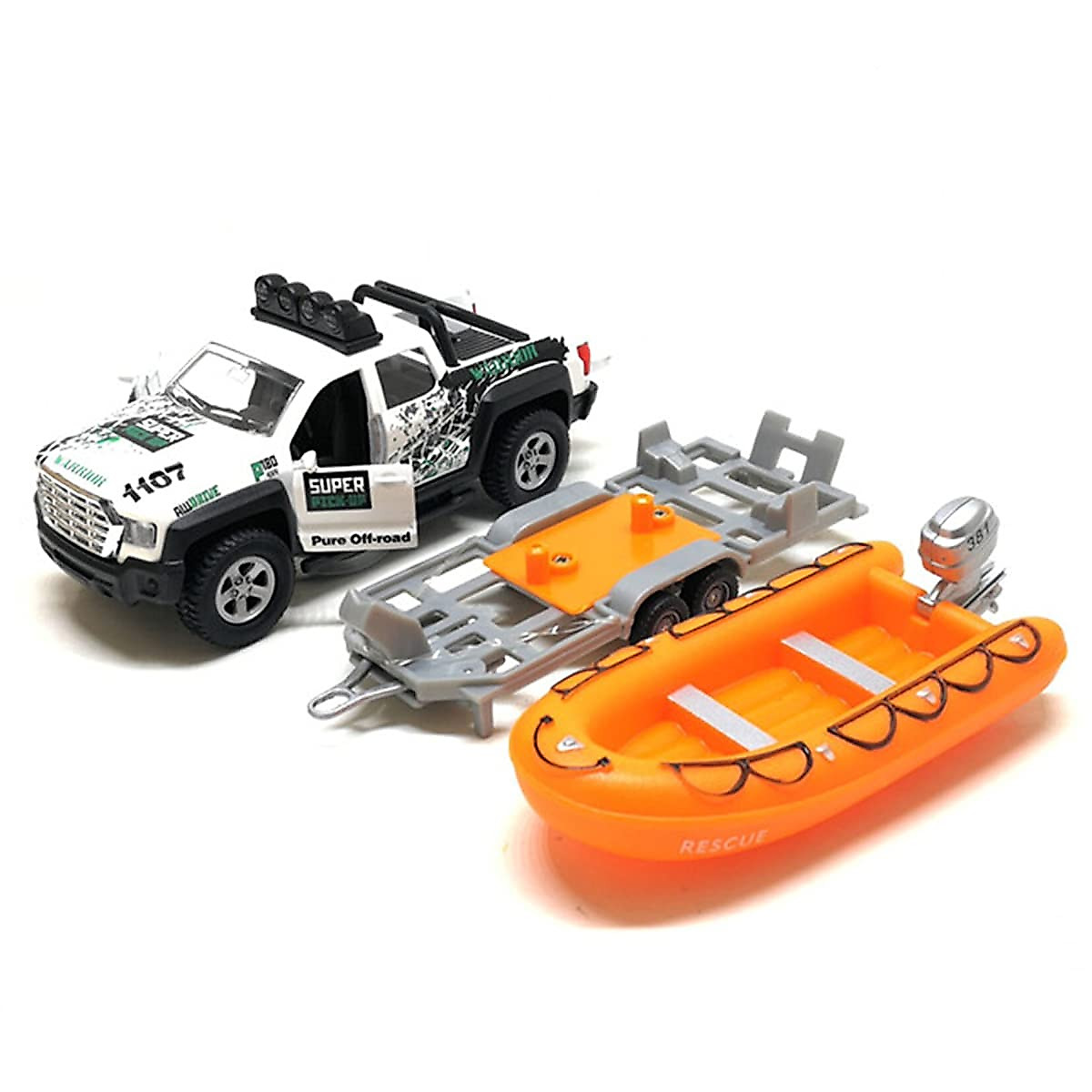 Pickup Truck Trailer Towing Speed Boat 2 in 1 Playset Diecast Model Car Metal Pull Back Toy Cars 1/36 SUV Vehicle Outdoor Sandbox Adventure Play Set Doors Open Light Sound Boys Toys Kids Gifts