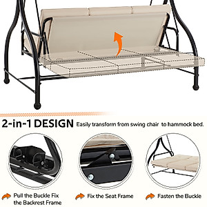 U-MAX Outdoor Proch Swing Chair with Adjustable Backrest&Canopy, Patio Swing Set 2-in-1 Convertible Outdoor Swing Patio Canopy Swing Daybed with Removable Beige Cushions for Adults