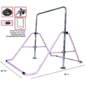 Gymnastics Bar for Kids Horizontal Kip Bar Jungle Gym with 8'x'4 EVA Puzzle Mat, Junior Training Monkey Bars Home Gym Adjustable Height Expandable Junior Training Bar Indoor Foldable (Pink)