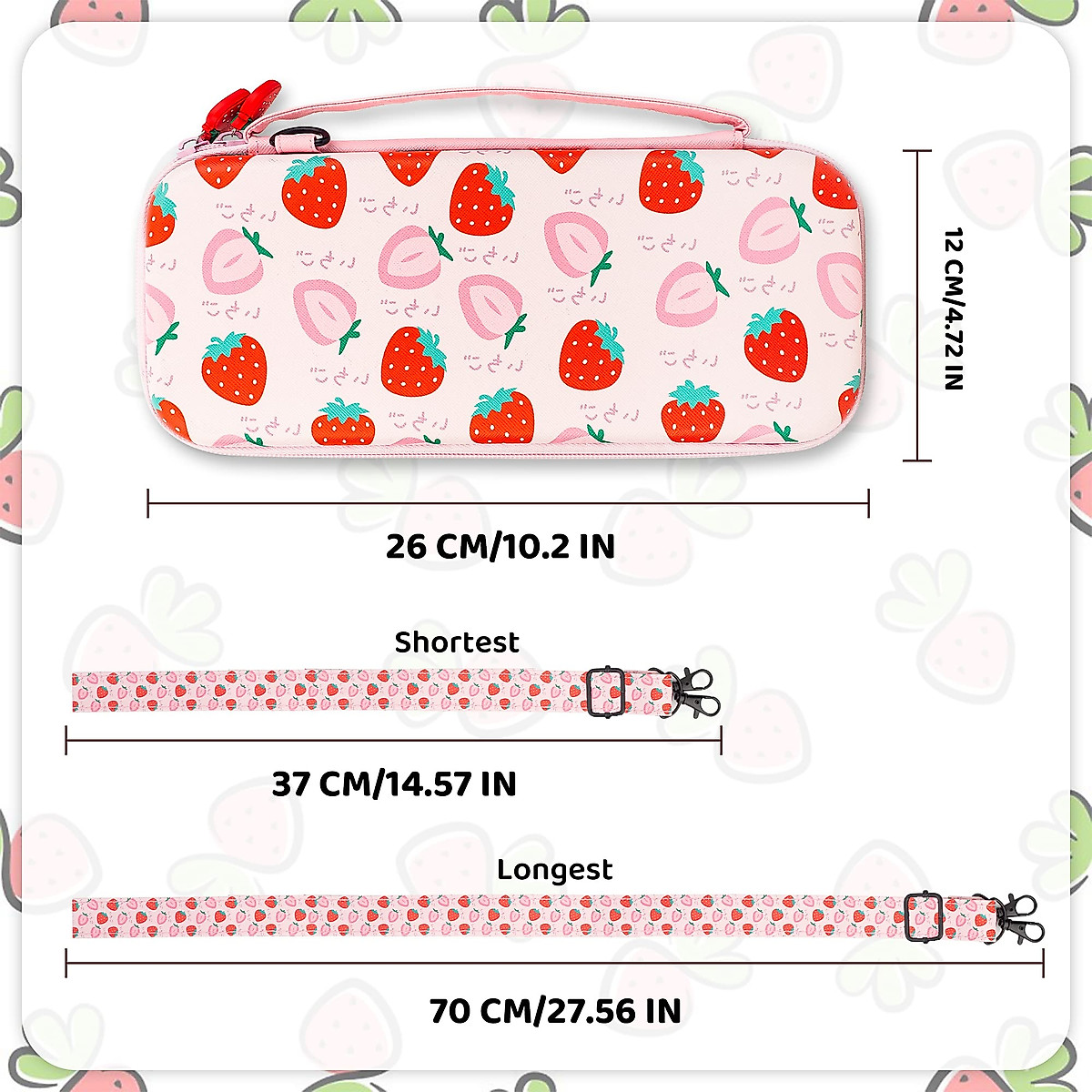 RHOTALL Cute Strawberry Carrying Case for Nintendo Switch, Hard Portable Travel Case for Switch Accessories with Protective Shell, Shoulder Strap, Game Card Case, Screen Protector and 2 Thumb Caps