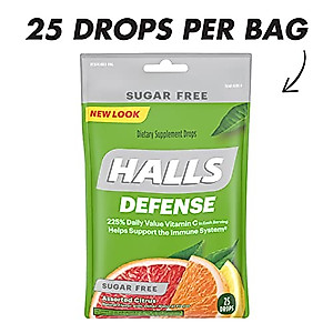 HALLS Defense Assorted Citrus Sugar Free Vitamin C Drops, Dietary Supplement Drops, 12 Bags of 25 Drops (300 Total Drops)