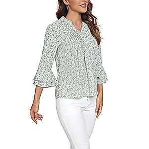 olrain Womens Summer Floral Printed V-Neck Swing Tunic 3/4 Bat Wing Short Sleeve Chiffon Tops Blouse Shirts (Light Green, X-Large)