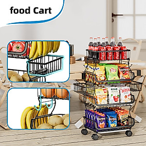 Simple Trending 4 Tier Rolling Cart, Stackable Fruit Vegetable Basket with Wheels and 2 Hanging Basket, Kitchen Storage Metal Wire Basket Stand for Vegetable Bread Snacks, Black