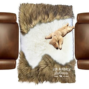Fur Accents Shag Area Rug - Golden Brown Coyote, Wolf Edge, Dark Brown, White or Black Center - Luxury Soft Faux Fur Carpet - Sheepskin - Rectangle Accent Art Rug