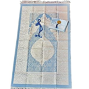 Islamic Prayer Mat, Turkish Prayer Rug with Pouch and Ornament Sealing, Portable Prayer Mat with Handy Pouch, Islamic Carpet Pad Ideal for Travelling (44"x26” with Free Tasbeeh) (Blue)