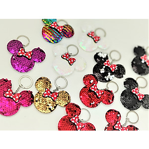 ITISMINE 12 pieces Sparkly BLINK Plush Reversible Sequin 3 inch Key Chain Appeal Backpack Bag Accessories (Minnie Shape), Red Pink Gold Silver Rainbow, 1 size fit all