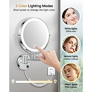 Gospire 9” Wall Mounted Lighted Makeup Vanity Mirror with 3 Color Lights & Stepless Dimming, 1X/10X Magnifying LED Double Sided Bathroom Touch Sensor Extendable Arm 360° Swivel Shaving Cosmetic Mirror