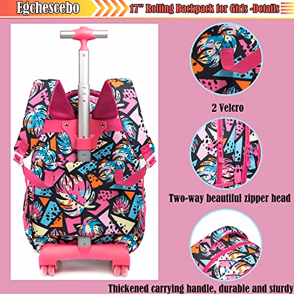 Egchescebo Girls Rolling Backpacks with Wheels 3PCS Feather Backpack Set for School Wheeled Luggage Suitcase Lunch Box Pencil Case Large Capacity Bookbag Adjustable Trolley for Elementary Travel Red