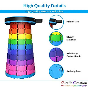 Giraffe Creation Upgraded Folding Stool, Heavy Duty Collapsible Telescoping Stool with Load Capacity 400lbs, Portable Retractable Stool for Camping Fishing Hiking BBQ, Rainbow