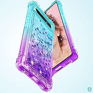 Dzxouui Pixel 6A Case, Glitter Quicksand, Glass Screen Protector, Reinforced TPU Cover - Teal/Purple