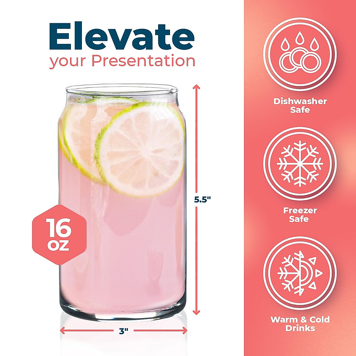 Can Shaped Drinking Glasses 16 oz - 6 Pack Beer Can Glass Cups Set, Clear Pint Beer Glasses for Soda, Water, Iced Coffee, Whiskey, Cocktails, Unique, Aesthetic Kitchen Drinkware, Dishwashable - 16oz