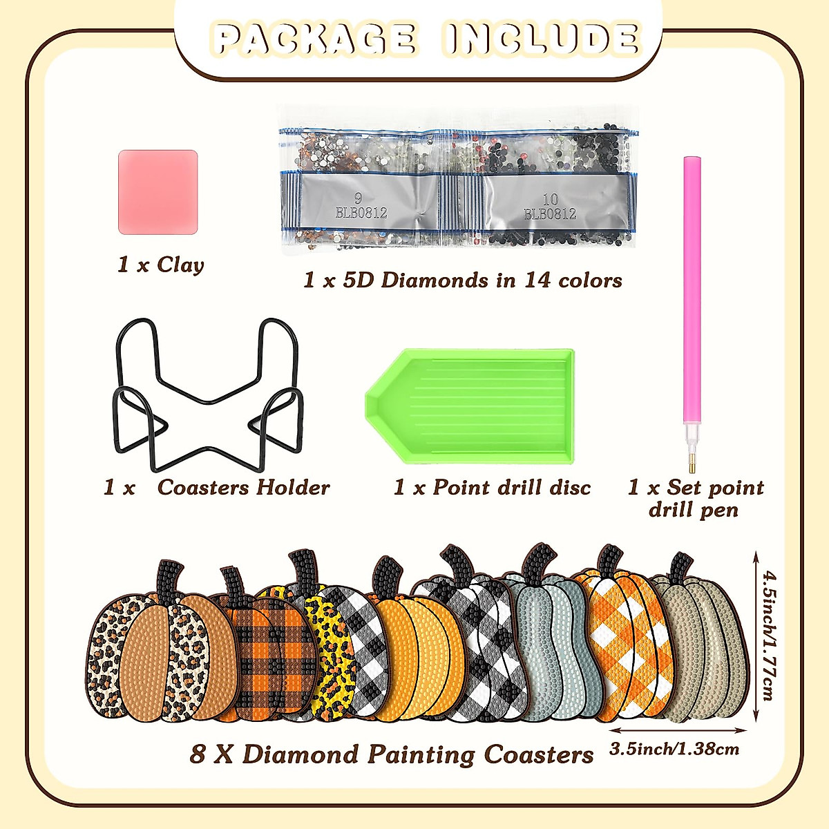 Shellwei 8 Pcs Fall Thanksgiving Diamond Art Coasters Pumpkin Diamond Painting Coasters with Holder Autumn DIY Diamond Painting Kit Diamond Coasters for Adults Crafts Gift Beginner