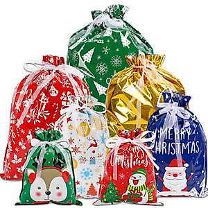 Superlele Christmas Drawstring Gift Bags 32pcs Assorted Sizes Christmas Bags Foil Wrapping Sacks Pouches Santa Goody Bags in 4 Sizes and 7 Designs for Xmas Holiday Presents Party Favor