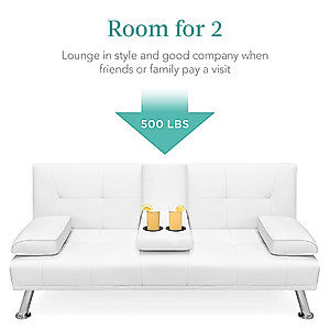 Best Choice Products Faux Leather Upholstered Modern Convertible Futon, Adjustable Folding Sofa Bed, Guest Bed w/Removable Armrests - White