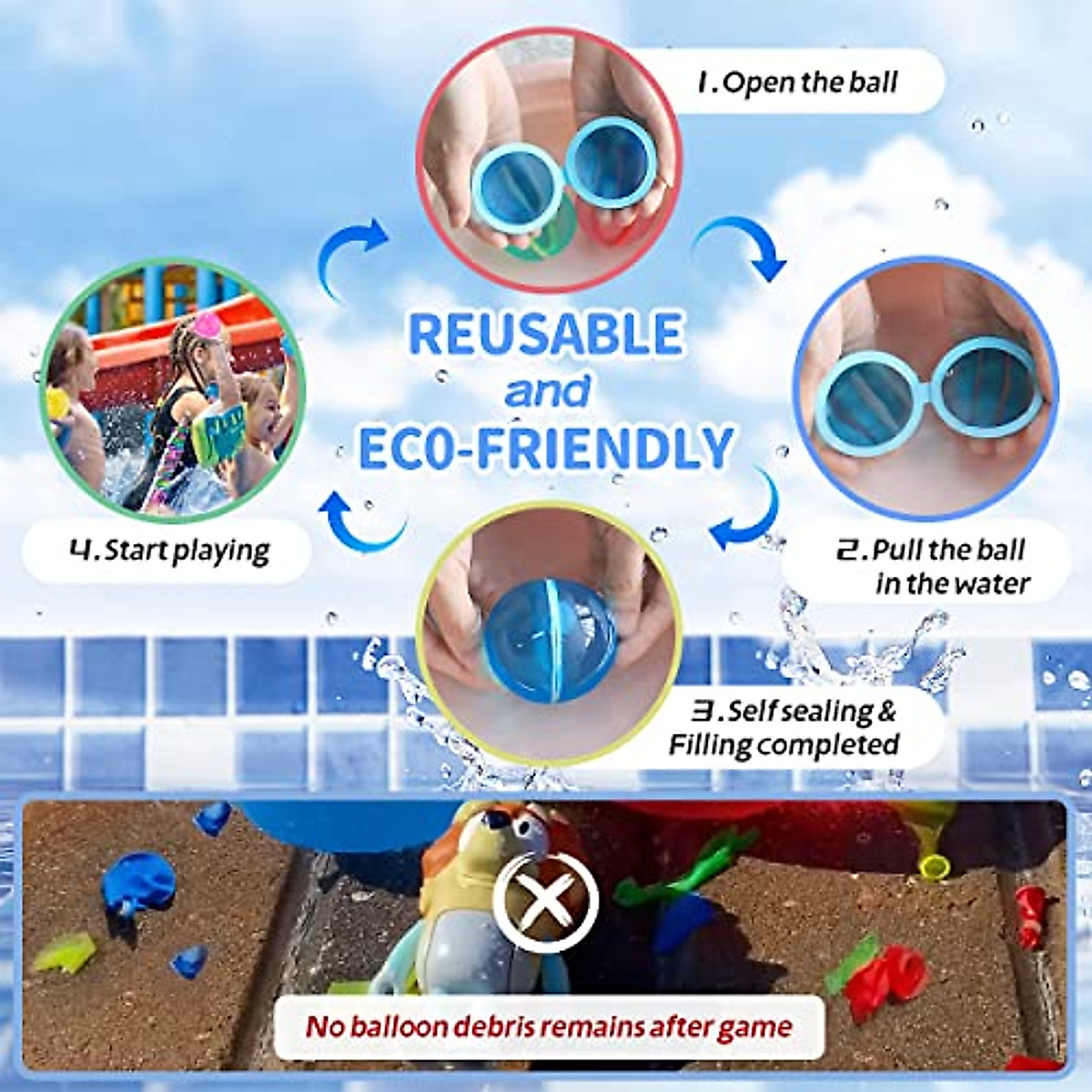 【8-pack】Reusable Water Balloons Fast Refillable for Kids Outdoor Activities, Kids Pool Beach Bath Toys, Magnetic Self-Sealing Water Bomb Quick Fill for Summer Games