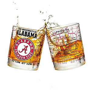 The University Of Alabama Whiskey Glass Set (2 Low Ball Glasses) - Contains Full Color Alabama Logo & Campus Map - Alabama Gift Idea for College Grads & Alumni - College Cocktail Glassware