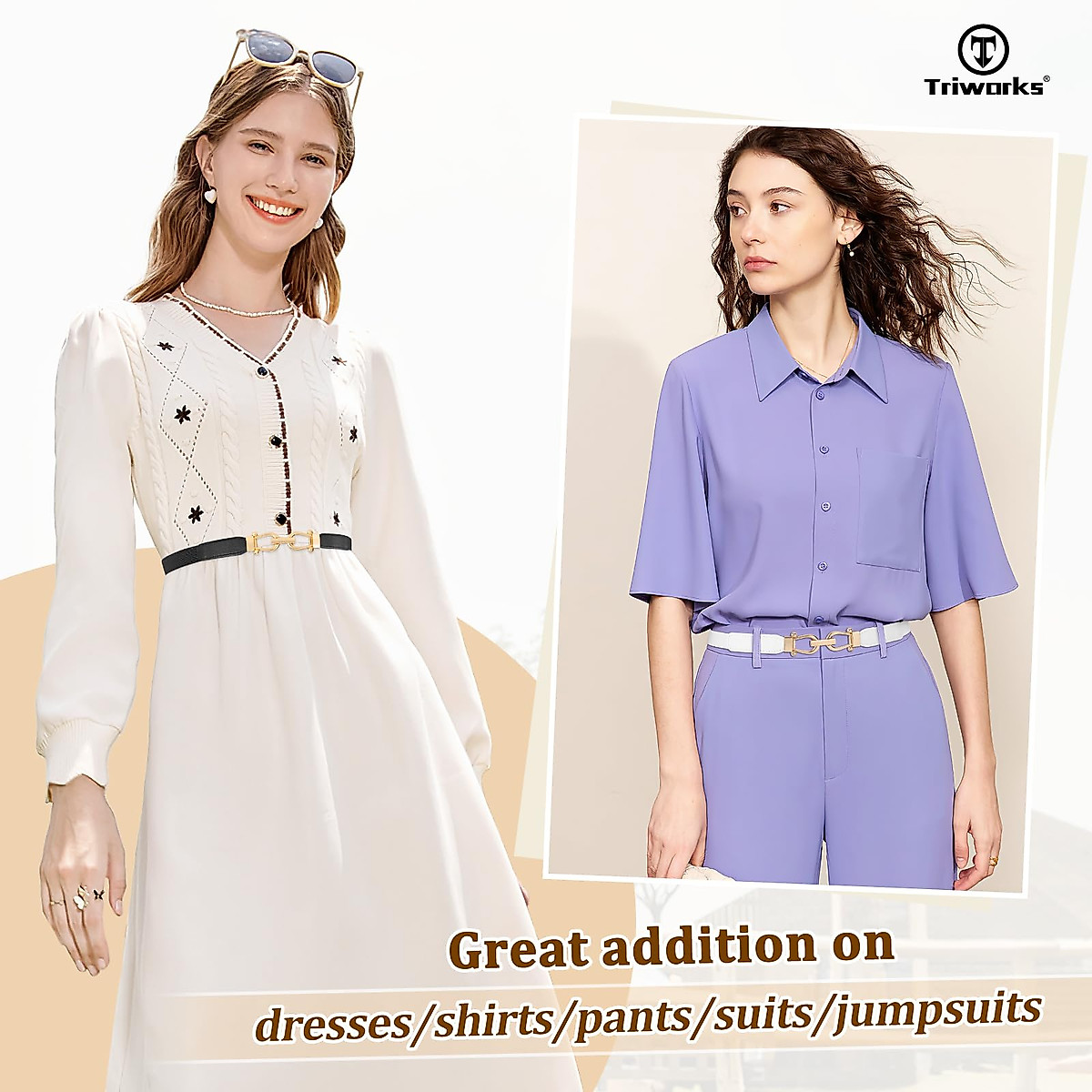 TRIWORKS 4 Pack Women's Elastic Skinny Belt Fashion Alloy Buckle Stretchy Thin Waist Belts for Dresses Black/Brown/White/Beige