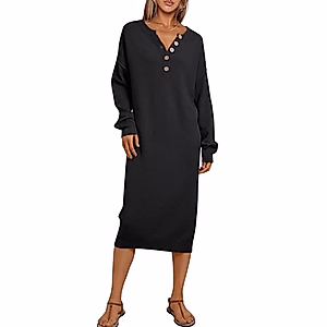 LILLUSORY Women Oversized Sweater Maxi Dress 2023 Fall Long Sleeve V Neck Button Waffle Knit Midi Dresses Black
