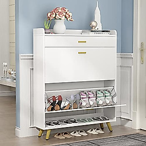 PAKASEPT Narrow Shoe Storage Cabinet,18-24 Pair Free Standing Tipping Bucket Shoe Rack Organizer with Drawers for Entryway,Bedroom,Hallway,White