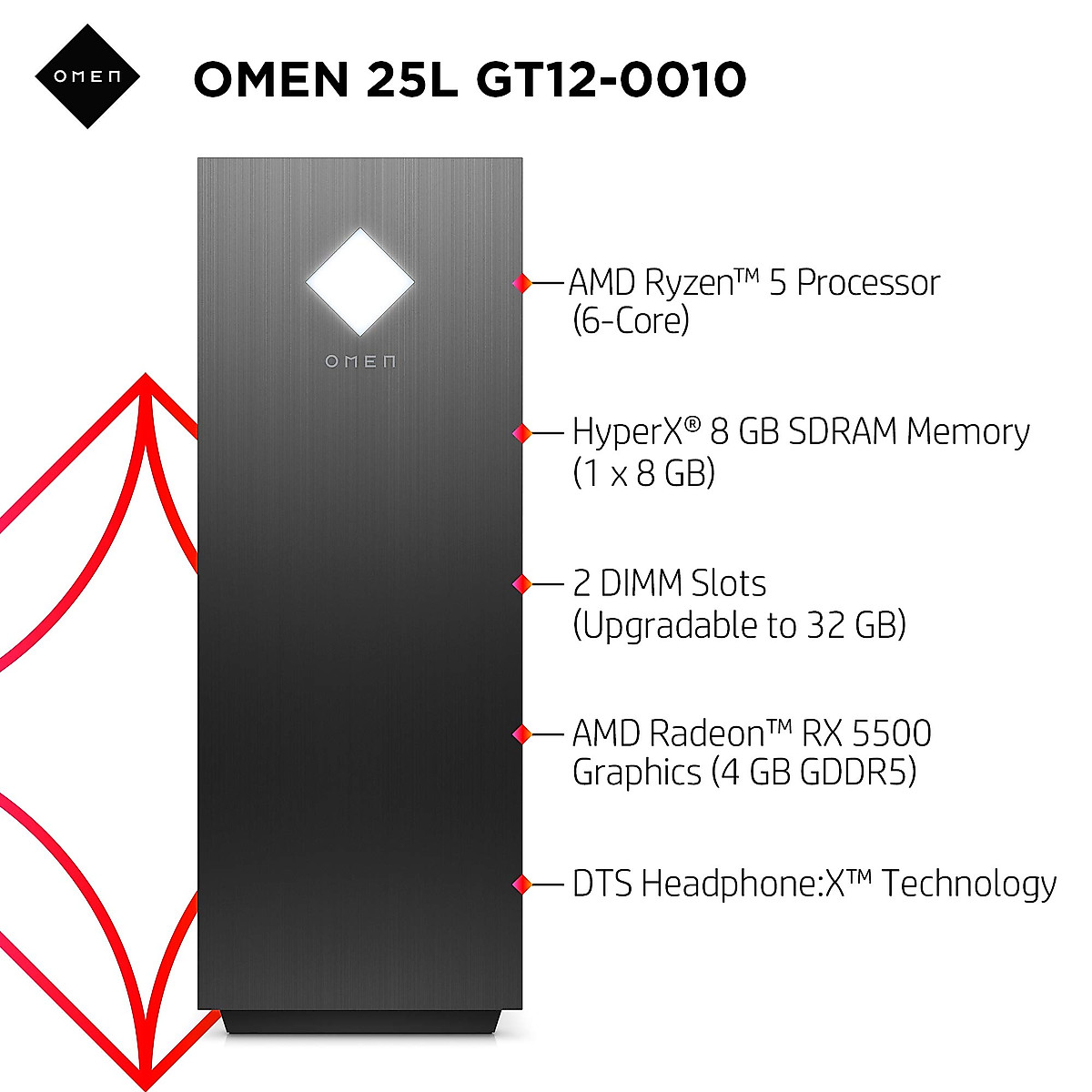 OMEN 25L Gaming Desktop PC, AMD Radeon RX 5500, AMD Ryzen 5 3500, HyperX 8GB DDR4 RAM, 512GB PCIe NVMe SSD, Windows 10 Home, VR Ready, RGB Lighting (GT12-0010, 2020 Model)
