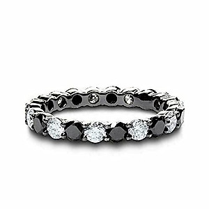 14K White Gold Over Round Cut Black & White Diamond Set Eternity Engagement Wedding Band Ring In 925 Sterling Silver for Women's