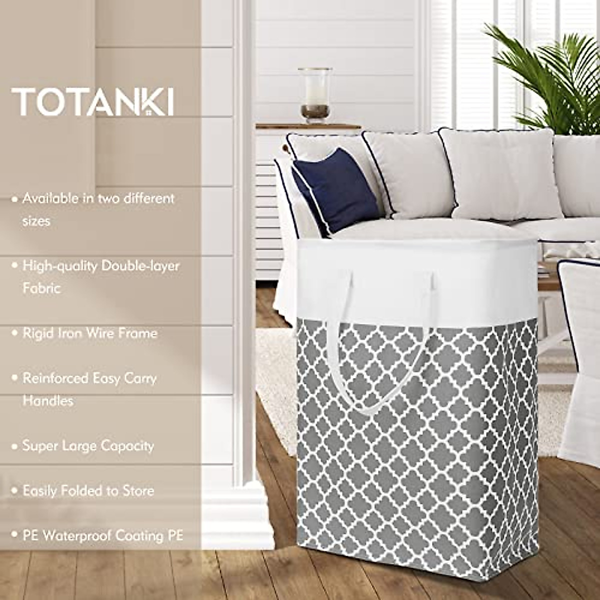 TOTANKI 2-Pack Laundry Basket, 80L Large Laundry Hamper with Long Reinforced Handles, Freestanding Waterproof Storage Basket, Collapsible Clothes Hamper for Bedroom, Bathroom, Dorm (Grey)