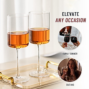 RAVNDOX Square Wine Glasses, Square White or Red Wine Glasses Set of 4, 11 Ounce Hand Blown Edge - Modern Flat Bottom - Unique for Wedding, Christmas, Birthday, Anniversary…