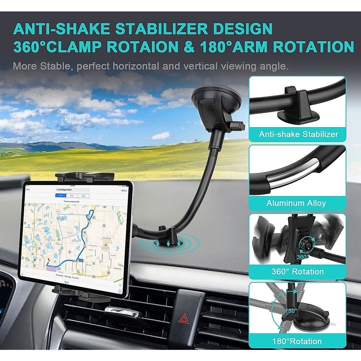 Car Dashboard Windshield Tablet Mount, 13" Long Arm Gooseneck, 360° Flexible Window Suction Cup Holder for Truck SUV, for iPad Pro 12.9/11/10.5/9.7/Air/Mini 6 5 4, Samsung Galaxy, 4.7"-12.9" Tab&Phone