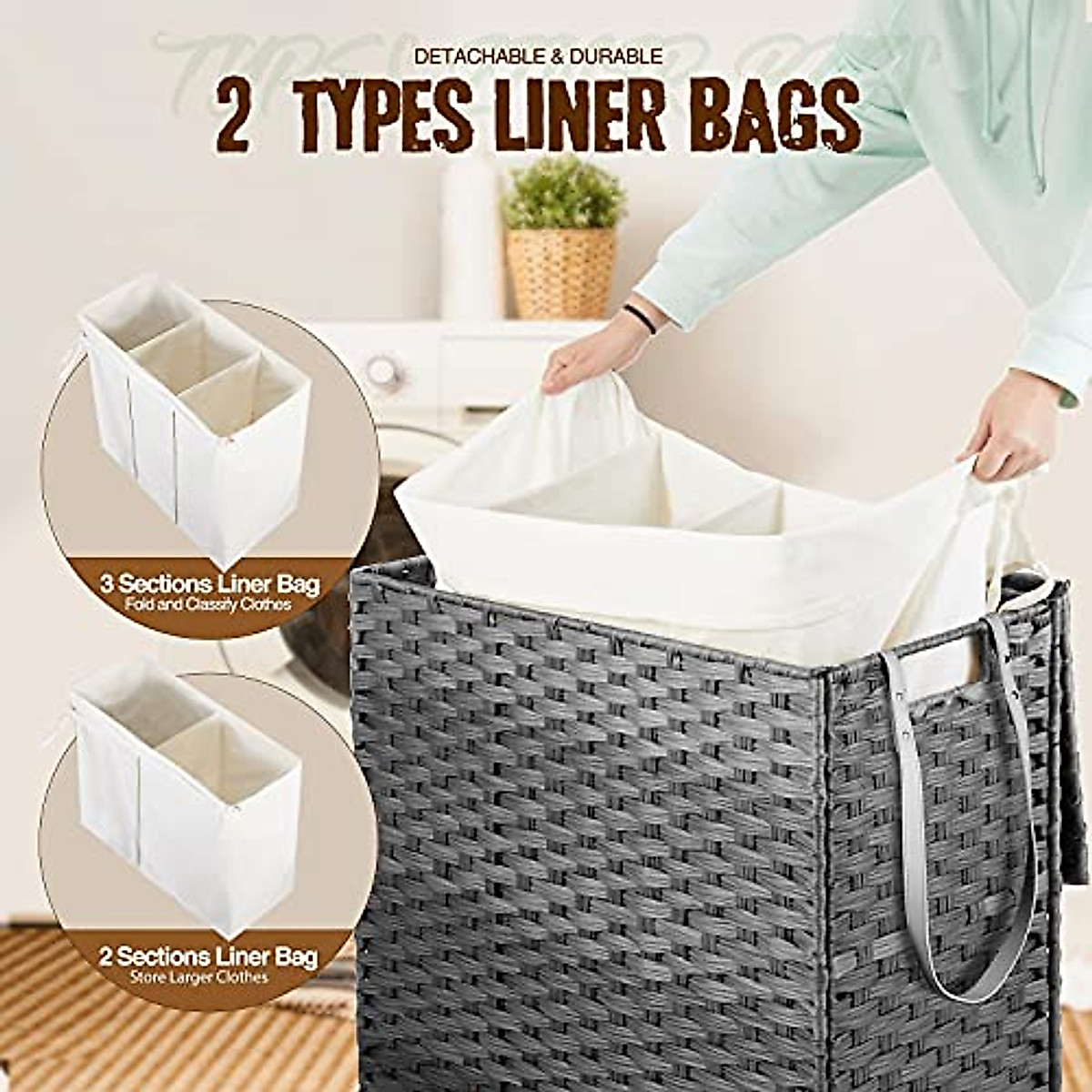 Greenstell Laundry Hamper with Wheels&Lid, 125L Large 3 Sections Clothes Hamper with 2 Removable Liner Bags, 5 Mesh Laundry Bags, Handwoven Divided Laundry Basket Gray