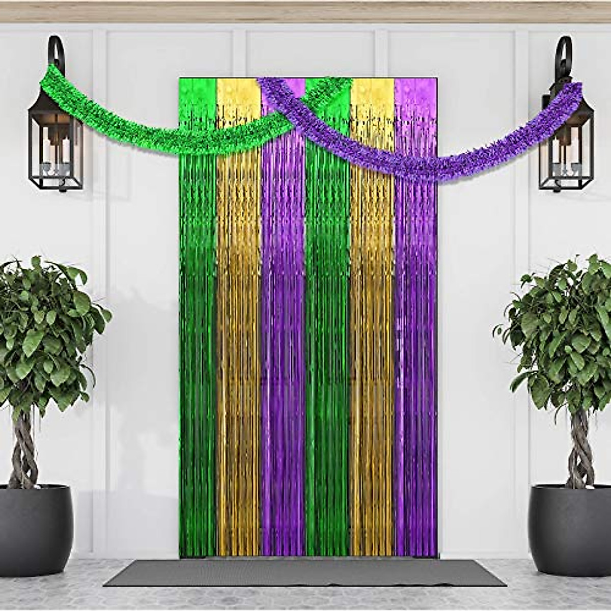 5 Pieces Mardi Gras Party Decoration Metallic Tinsel Foil Fringe Curtains Garland Photo Booth Props Table Skirt Background Backdrop Door Wall for Carnival Bunting Party Decoration Supplies