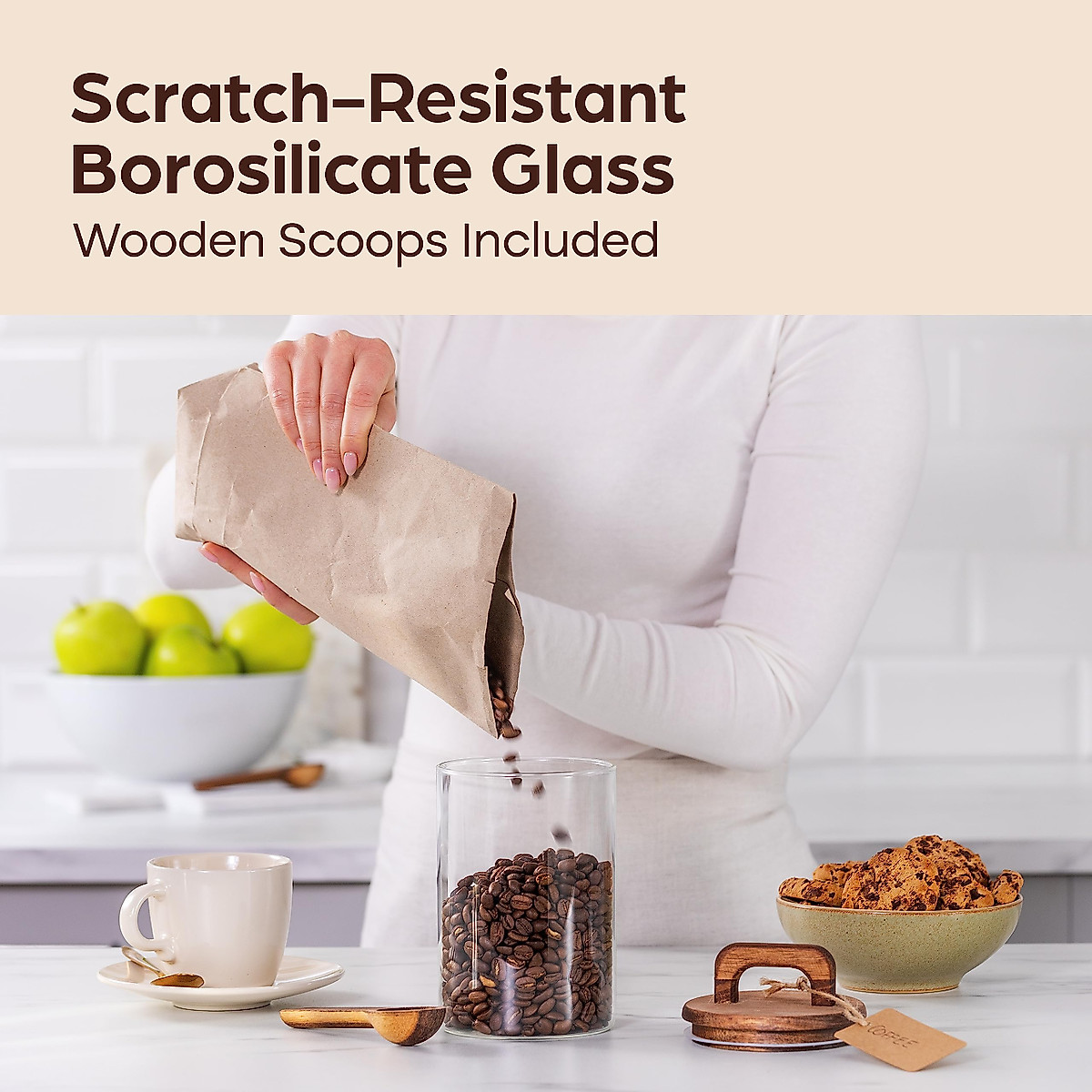 BELLE TERRE Premium Glass Jar Set - 6 Canisters with Airtight Natural Acacia Lids, Custom Labels & Spoons - Food Storage Containers & Pantry Organization - 17oz, 25oz, 34oz - Transparent, Durable