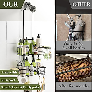 Skyapex Hanging Shower Caddy Over Showerhead, Extended Long Adjustable Bathroom Shower Organizer Hanging with 2 Soap Holders and 12 Hooks, Rustproof Large Capacity Shower Rack, Stainless Steel, Black