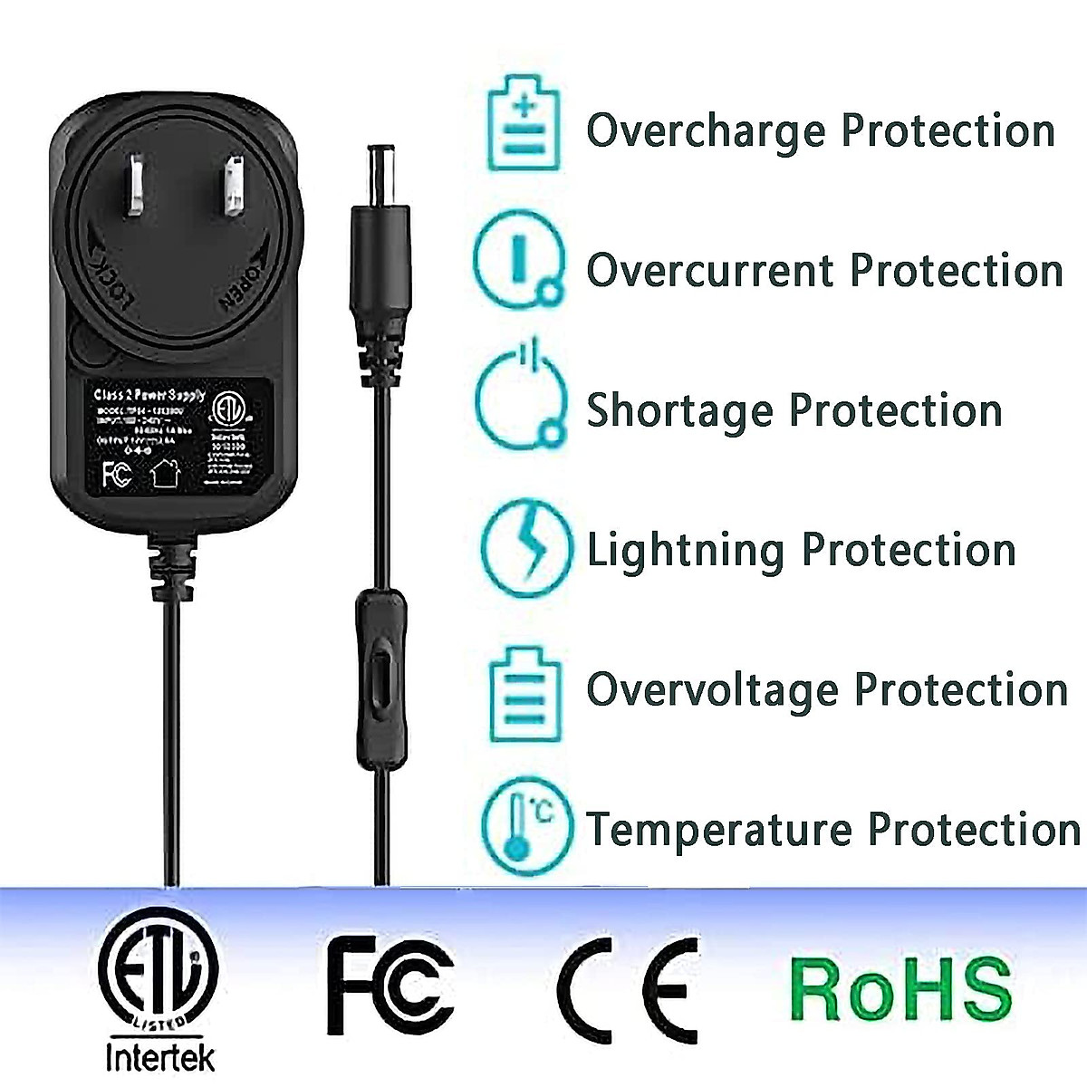 F1TP DC 12V 2A Power Supply Adapter with On Off Switch, 12Volt 2amp Wall Charger for LED Light Strip, DVR/NVR/CCTV Camera, Led Tape Lights, Digital Photo Frame, Router, Yamaha Keyboard